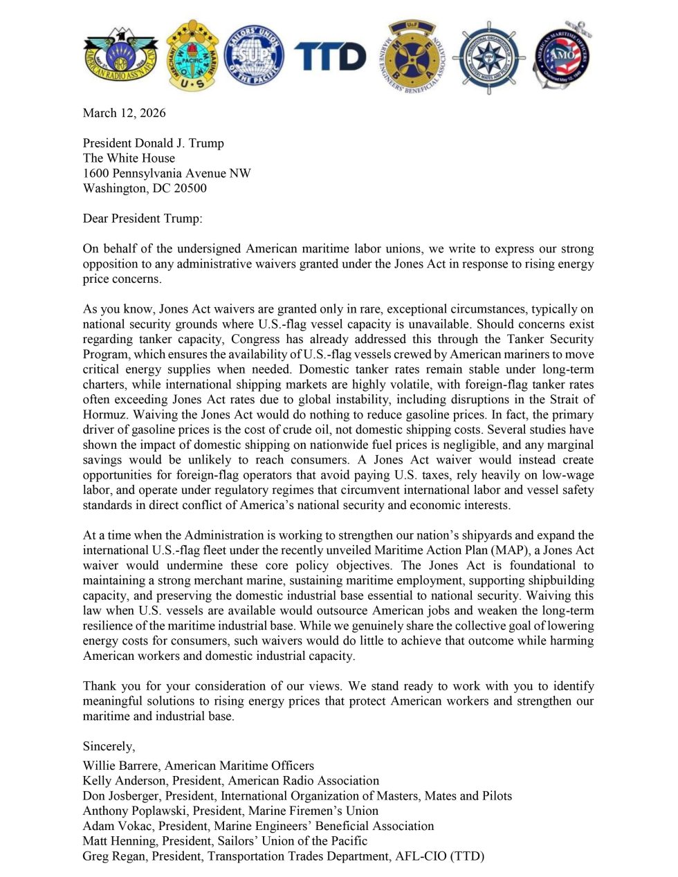 Joint Letter to President Trump March 12, 2026 - Bridgedeck